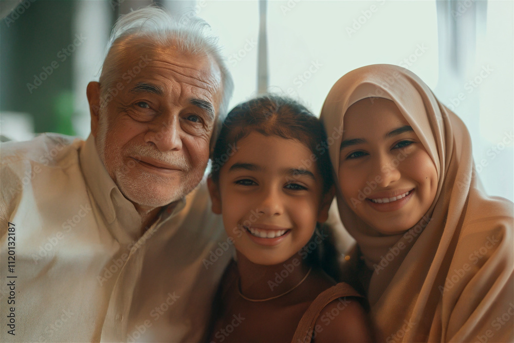 AI-generated photo with a happy smiling Arab family. Middle Eastern ...