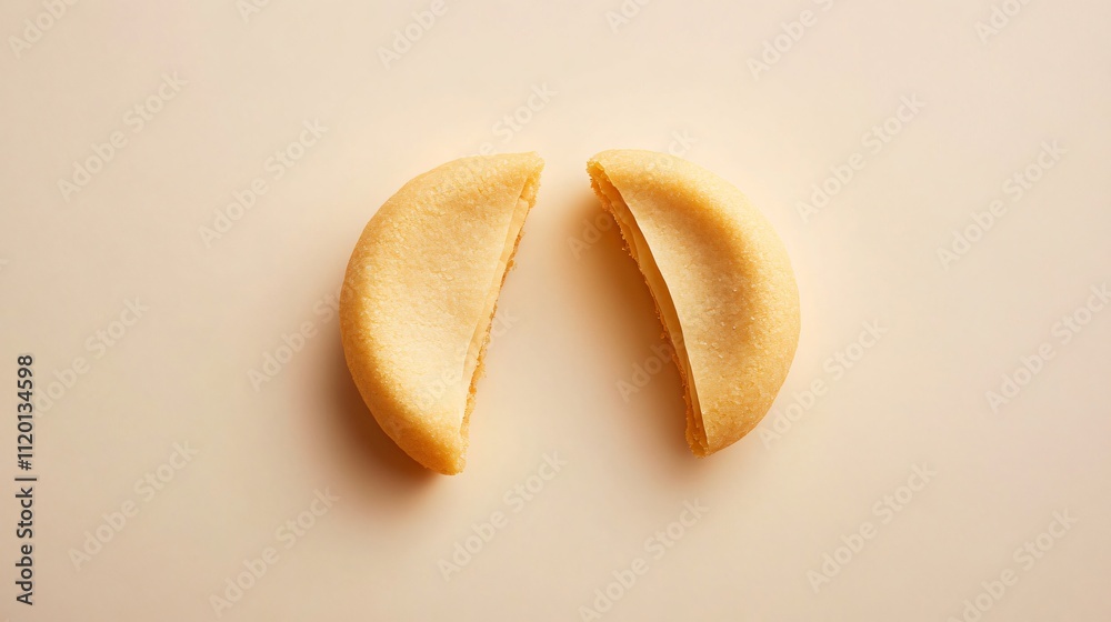 Isolated fortune cookies with one cookie cracked open, revealing a ...