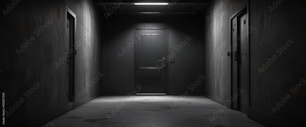 Dark hallway with no windows and a heavy metal door at the far end ...