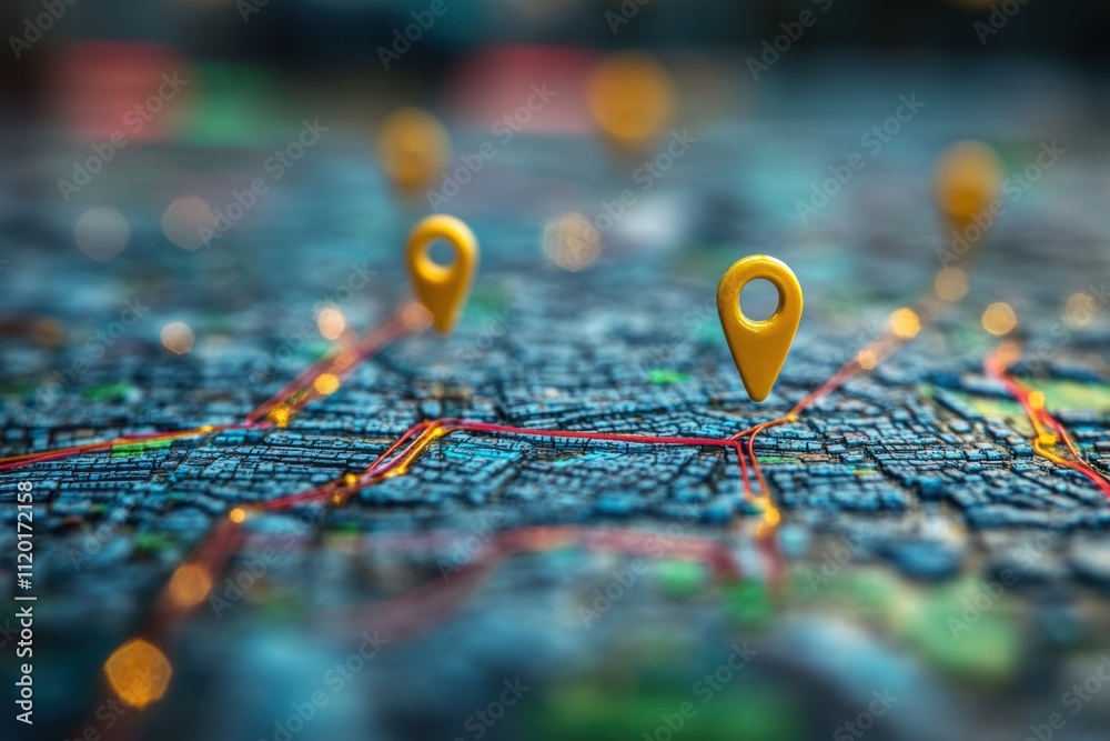 Colorful Map with Location Pins and Network Lines in Detail Stock ...