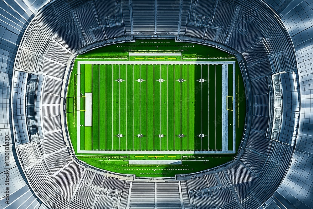 Create a top-down view of a modern football stadium with a perfectly ...