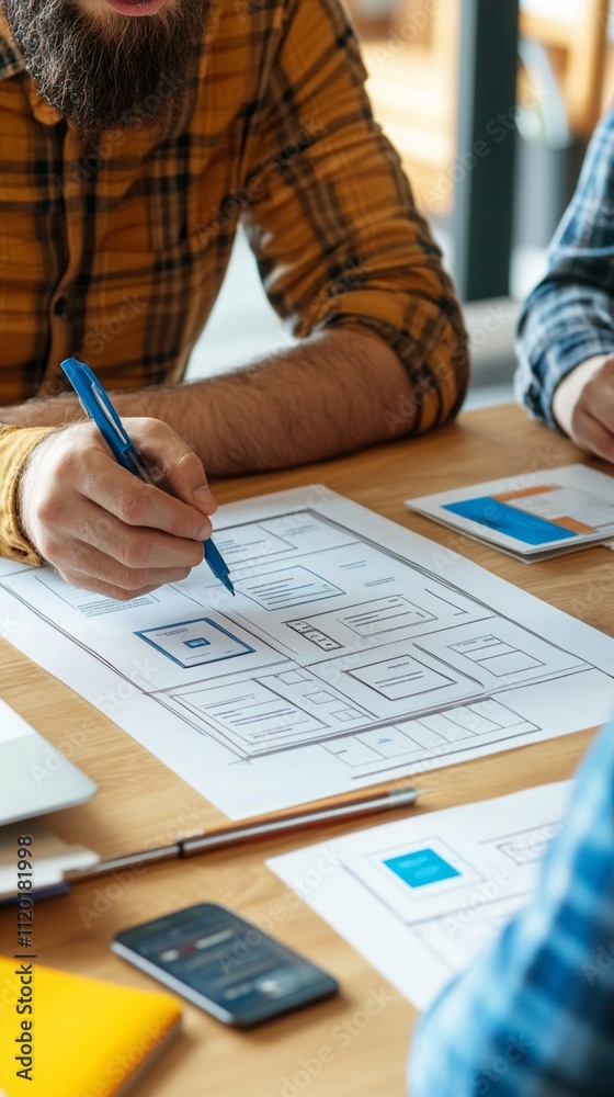 Designers collaborating on a user interface project, analyzing layouts ...