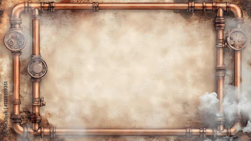 Steampunk frame with copper pipes, gauges, and smoky background. Stock ...