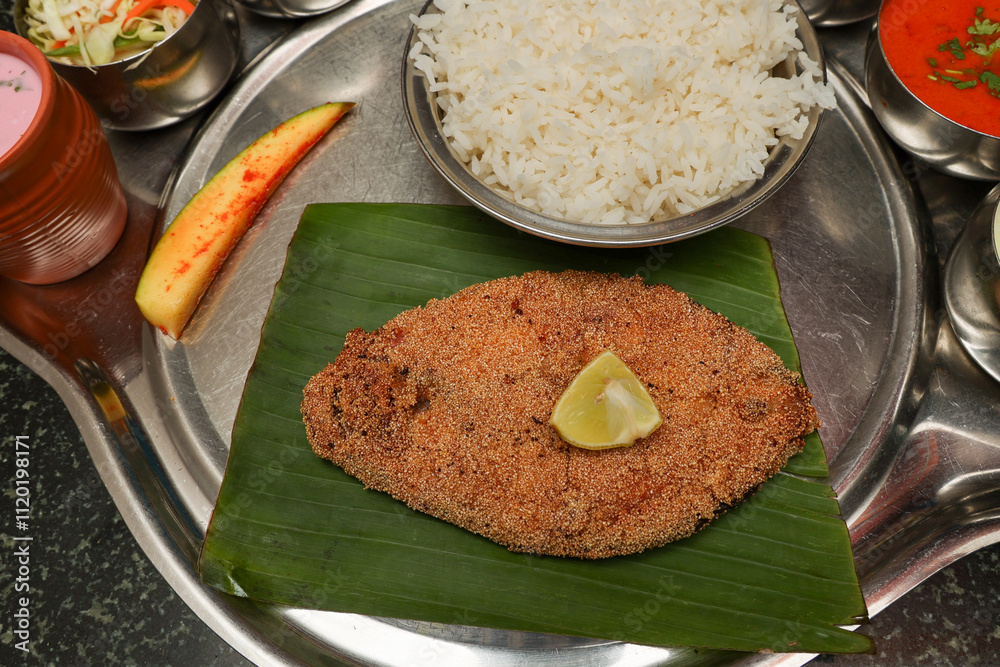 Goa Goan Fish Thali rice served with rawa fried seer fish, Sol Kadi ...