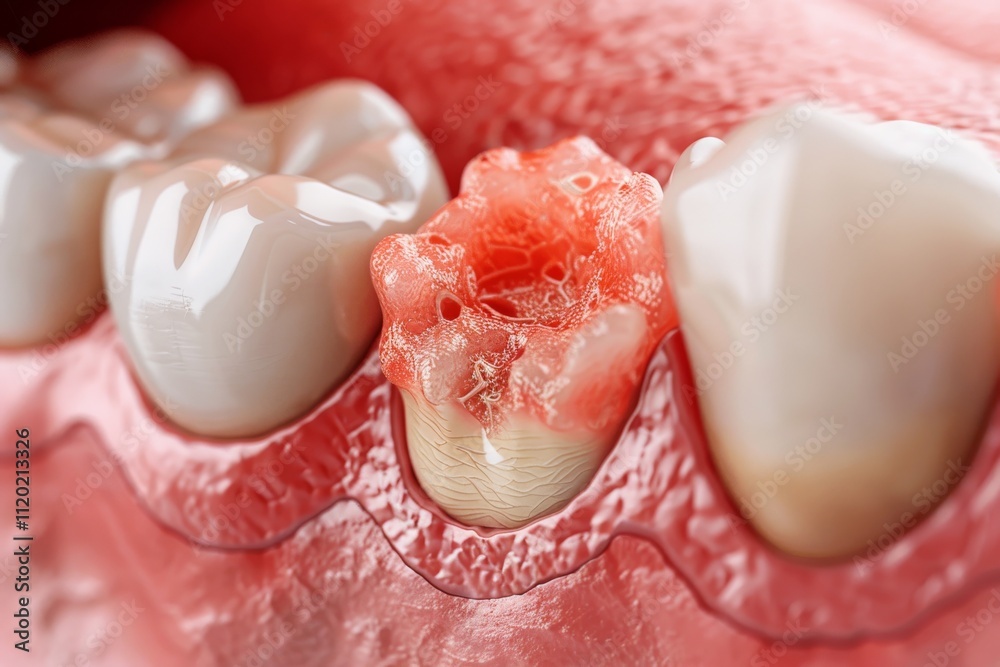 Inflamed gum tissue near the tooth root, showing signs of an abscess ...