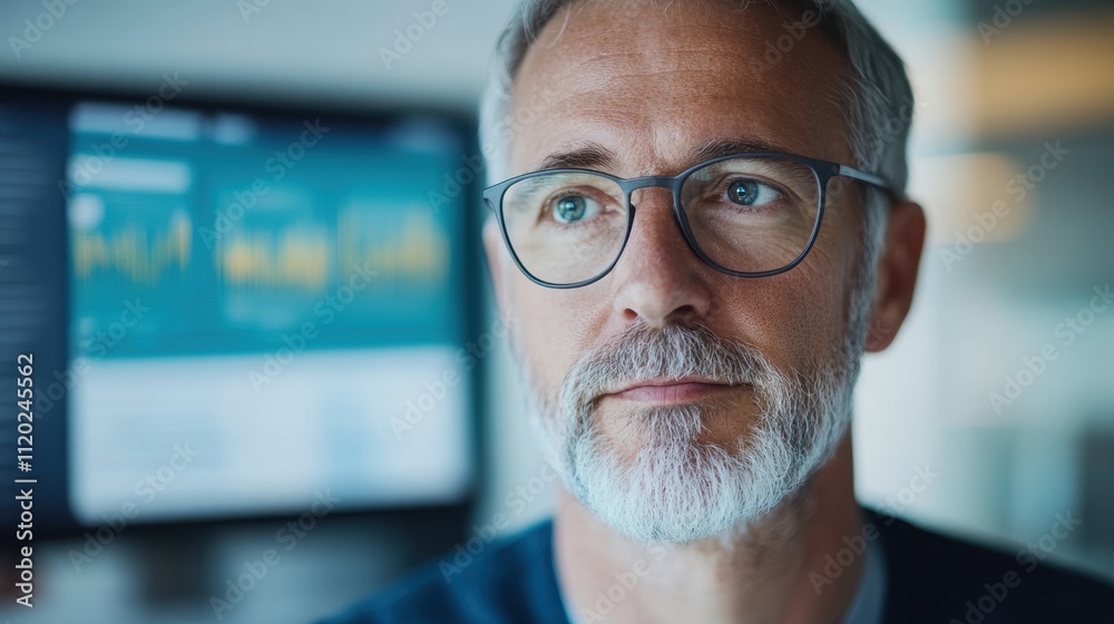 Thoughtful mature man with glasses in an office setting, contemplating data analysis and ...