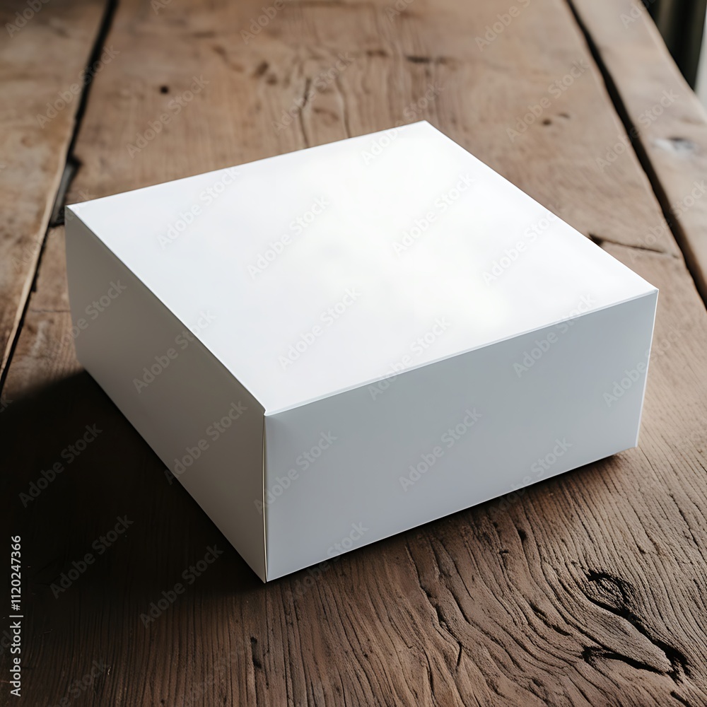 A blank, white, square product box placed on a rustic wooden table ...