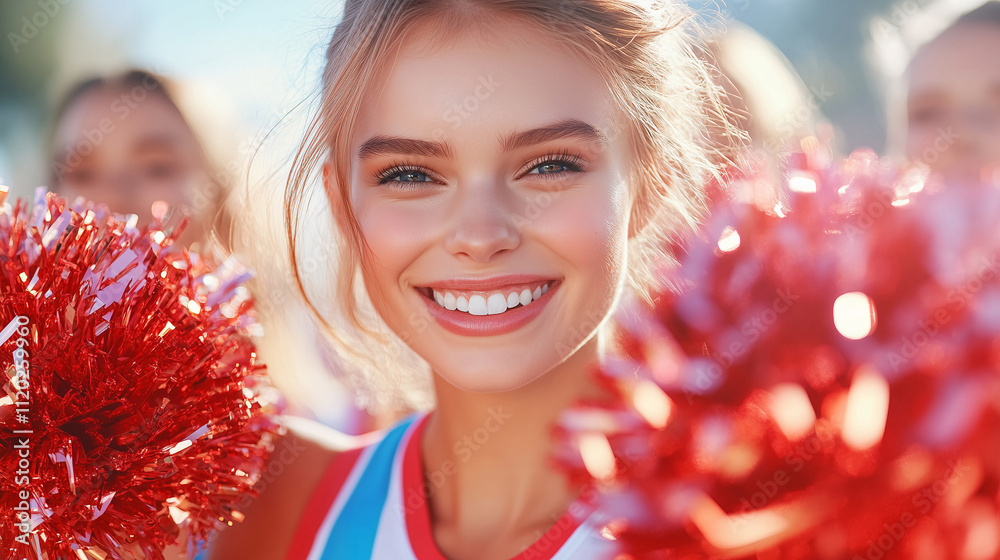 Foto de Stock Smiling Young Cheerleader in Red, White and Blue Uniform ...