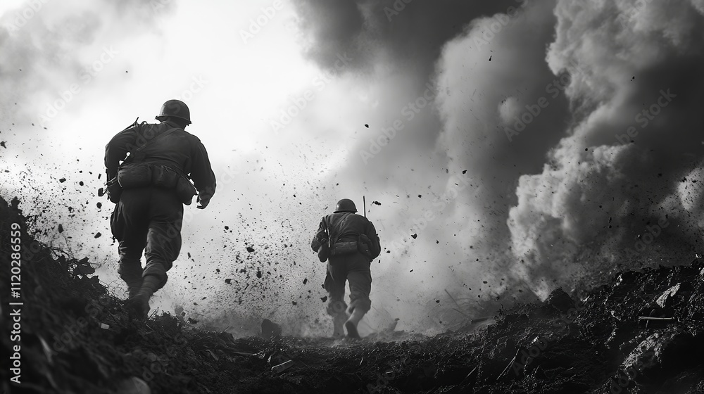 Black and white scene of world war two (WW2) With American soldiers ...