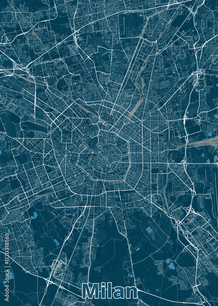 A detailed map of Milan, Italy, rendered in a minimalist style. The map ...
