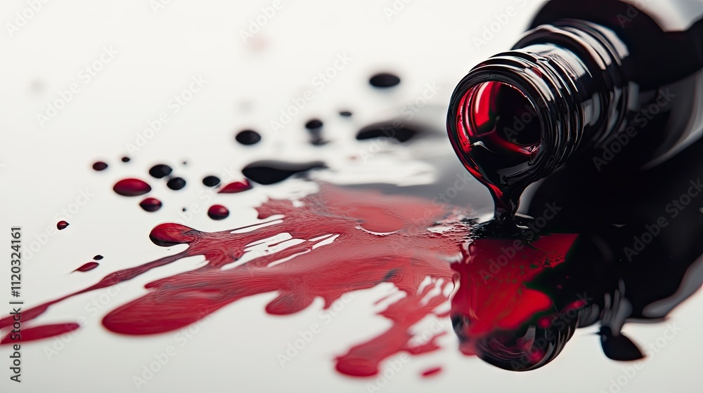 Overturned ink bottle with ink dripping off the edge of a glass table ...