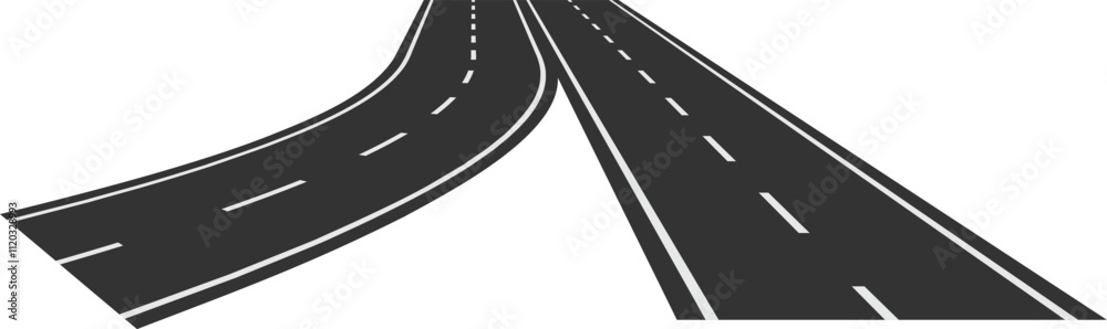 Two asphalt roads with white dashed lines are diverging in different ...