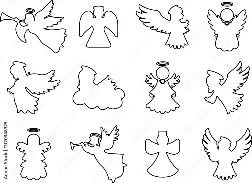Angels with wings icon in line style set. isolated on transparent ...