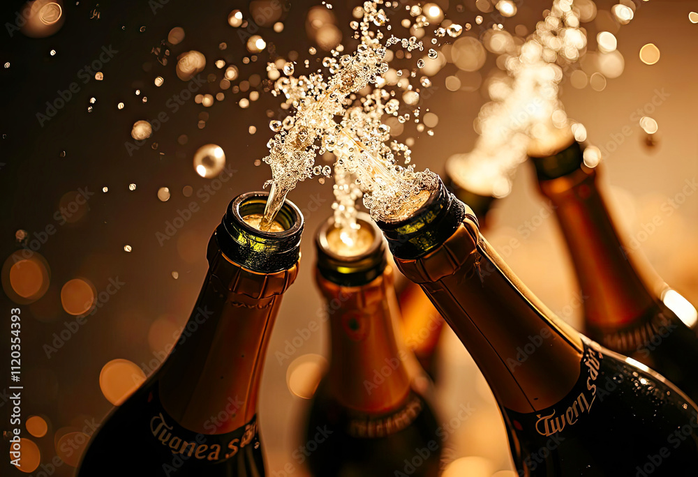 Champagne bottles with splashing champagne wine celebration party new ...