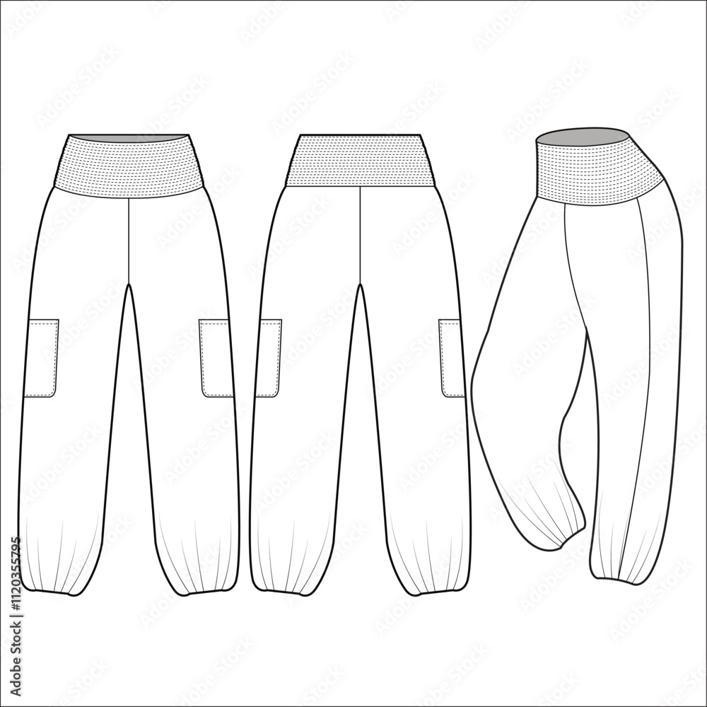 Men's jogger bottom flat sketch vector illustration front and back view ...