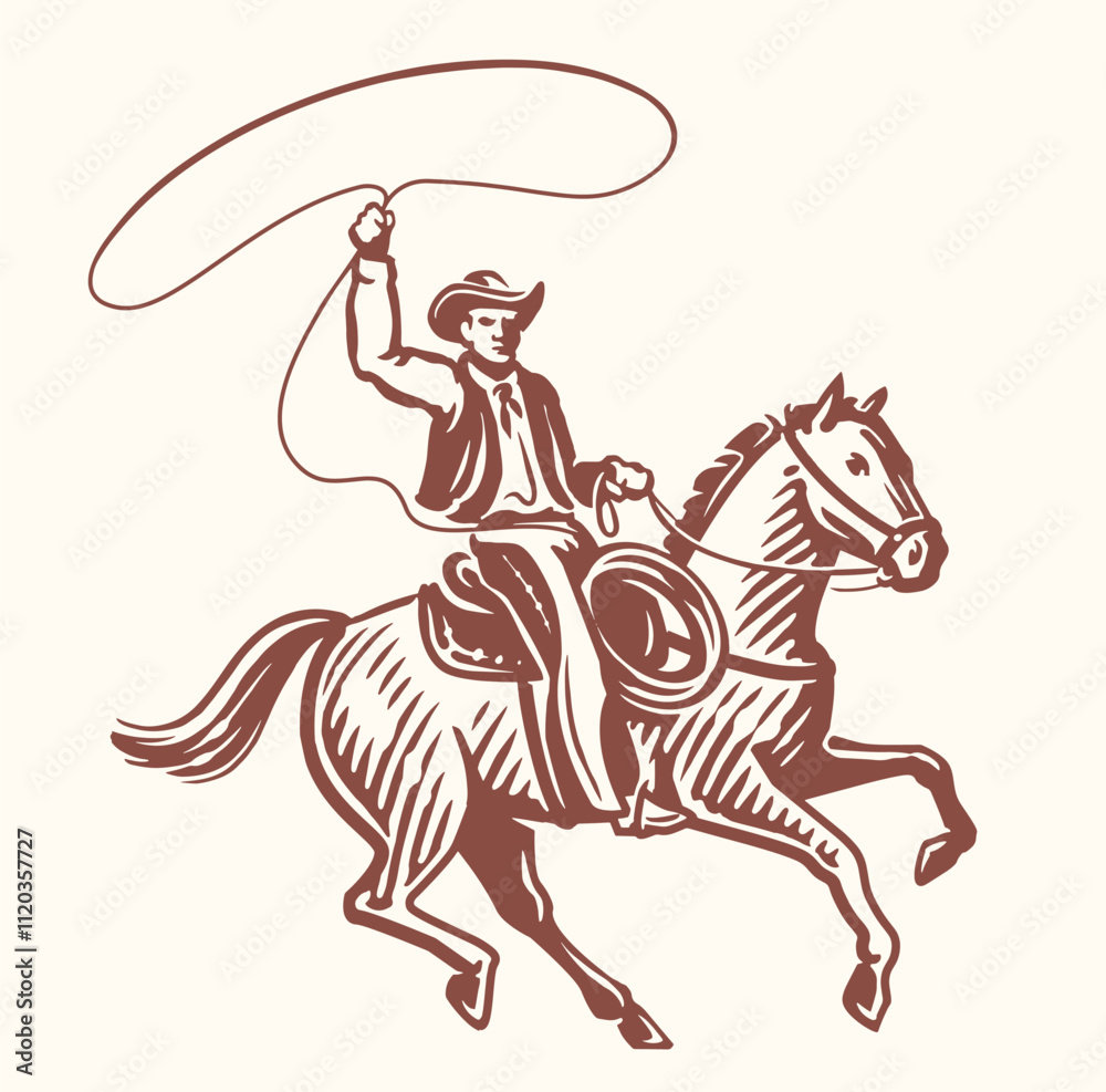 Cowboy riding horse with lasso in his hand, sketch drawing. Ranch ...