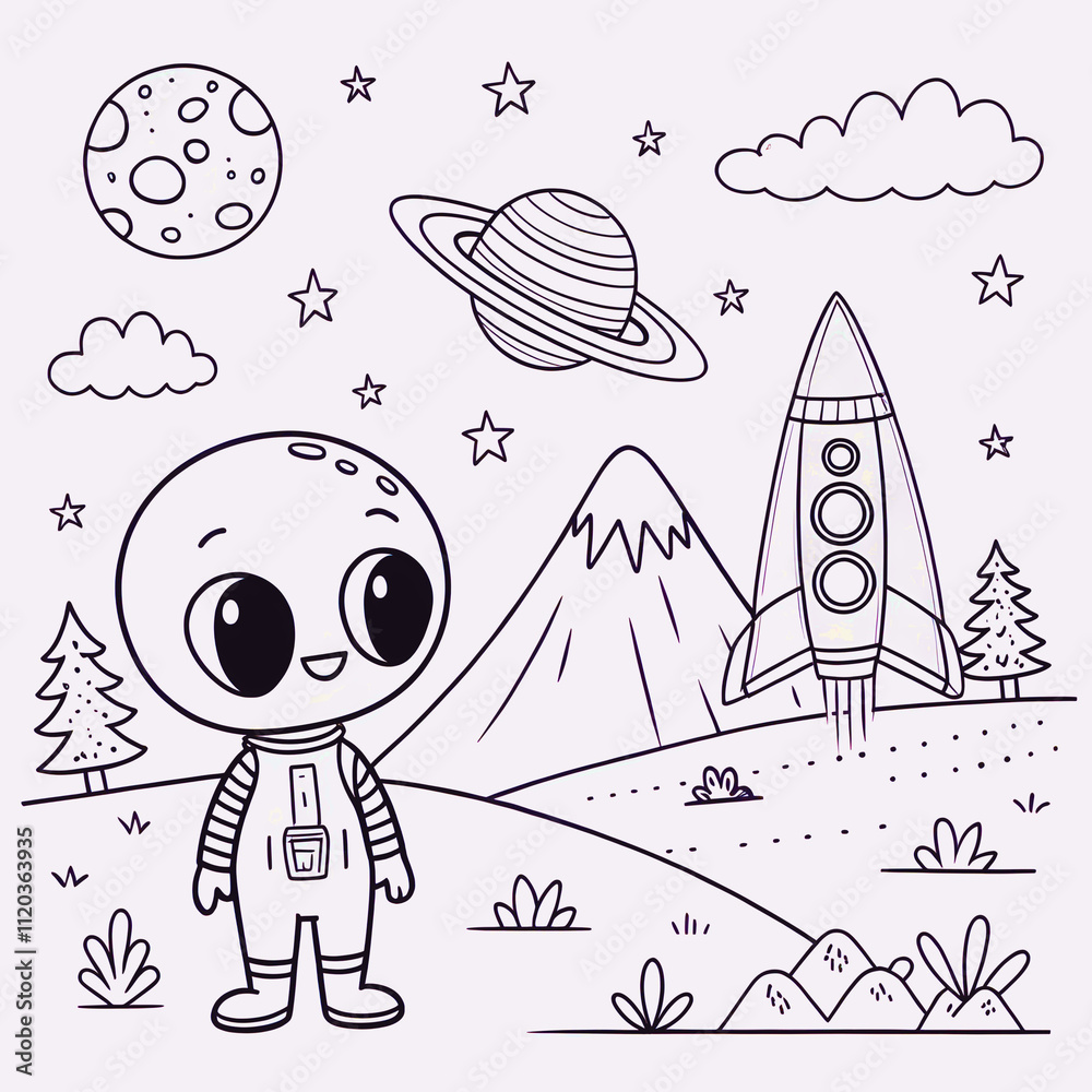 Cute Alien in Space with Rocket and Planets Coloring Page for Kids ...