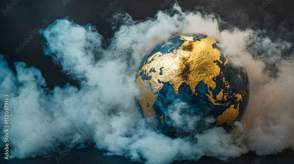 Global impact of climate change illustrated by gold-leafed earth amidst ...