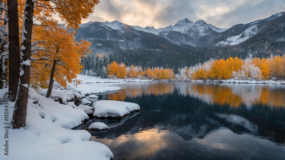Río entre árboles otoñales y nevados, mostrando la dualidad de ...