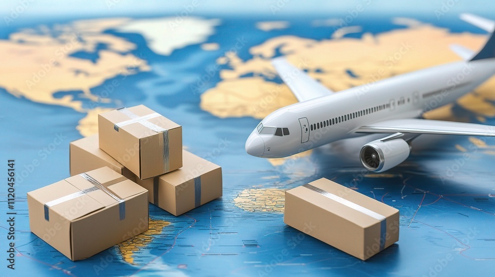 Airplane Over World Map with Cargo Boxes for Logistics Services Stock ...