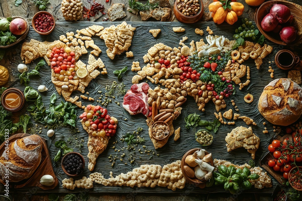 An Stock cake featuring a detailed world map with continents, countries ...