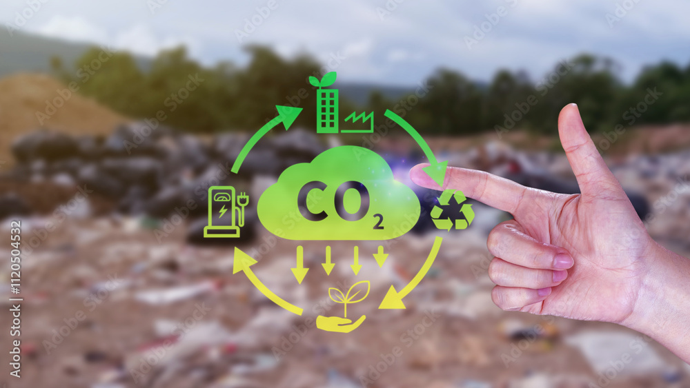 Hand holding CO2 reducing virtual icon for decrease carbon dioxide emission, carbon footprint ...