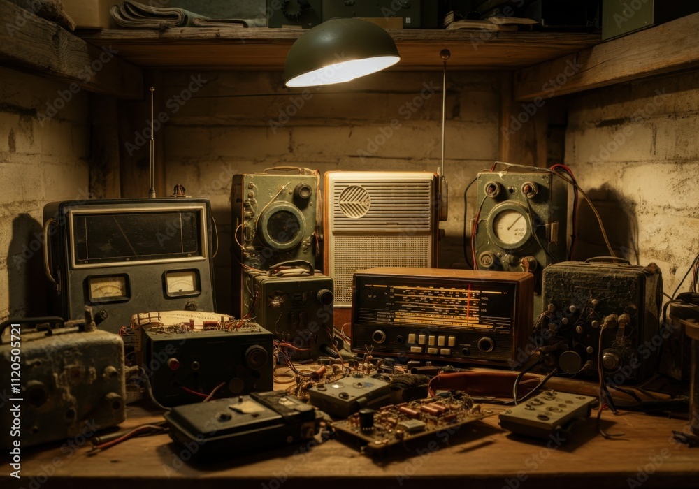 Various old dusty electronic devices and radios are lighting up a ...