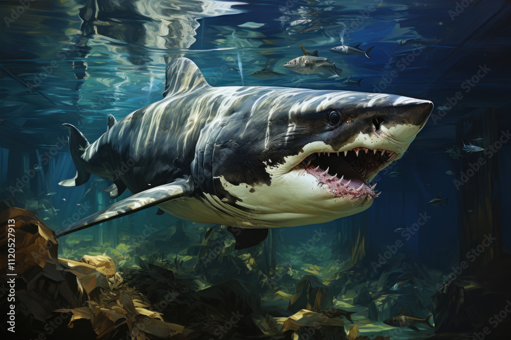 huge white shark swimming in the ocean. The shark is shown up close ...