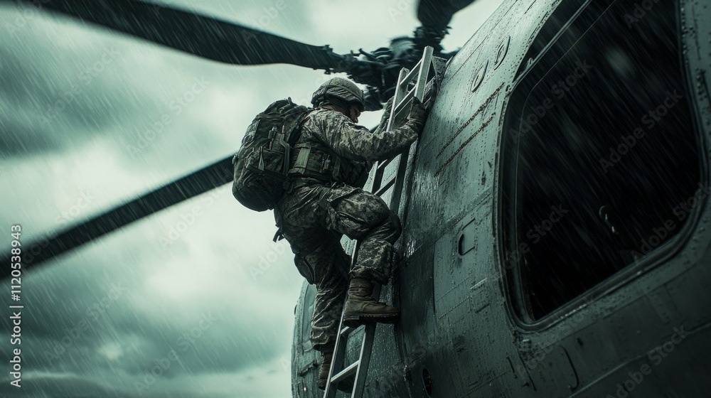 Rear view of a soldier climbing a ladder to a helicopter generative ai ...