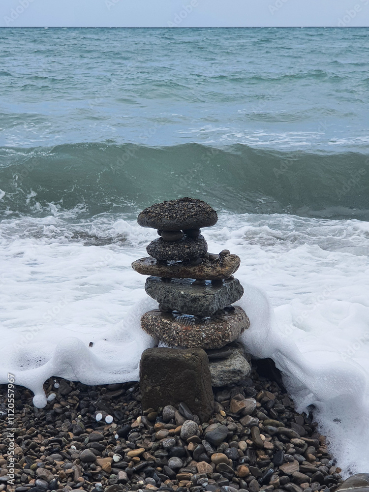 Sea and stones majestic raging sea with splashes and gusts of wind in ...