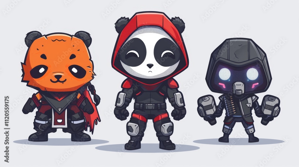 illustraction of techwear chibi panda ninjas robot mecha future ...