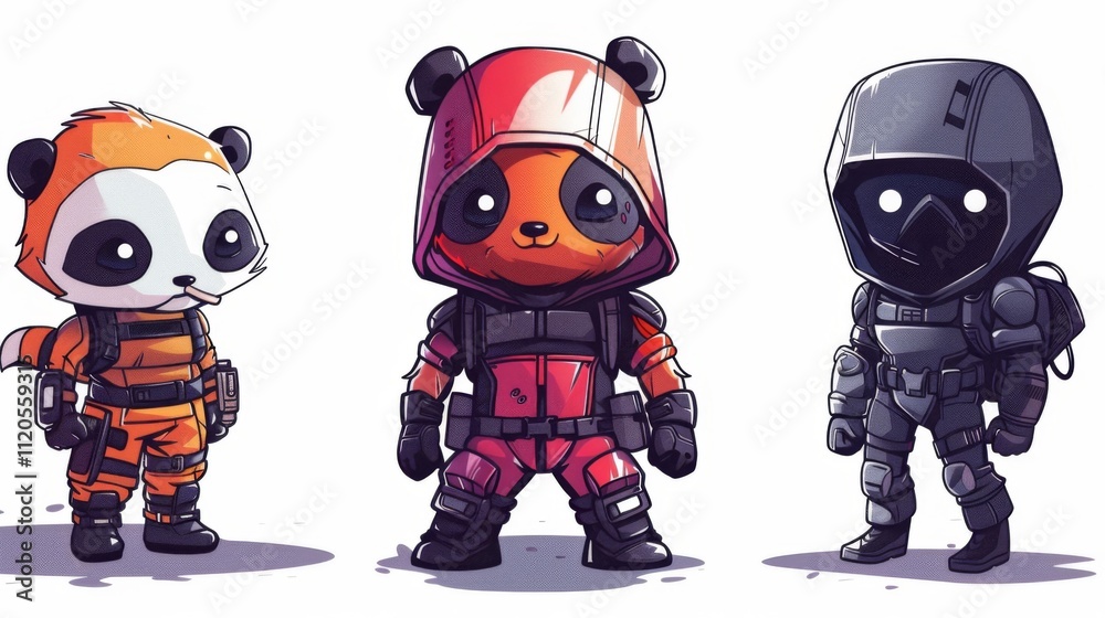 illustraction of techwear chibi panda ninjas robot mecha future ...