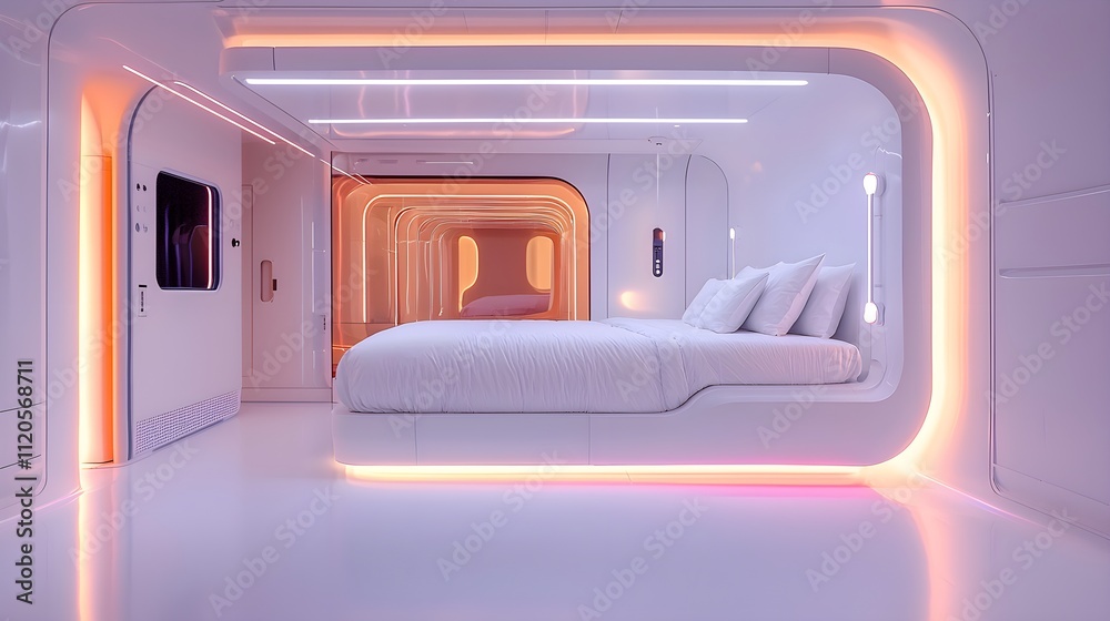 Capsule hotel bedroom with a loft-style upper level, clean white ...