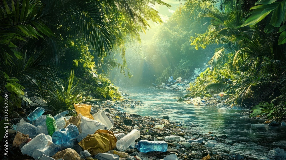 PLASTIC POLLUTION in the jungle. Dirty plastic bottles and bags on a ...