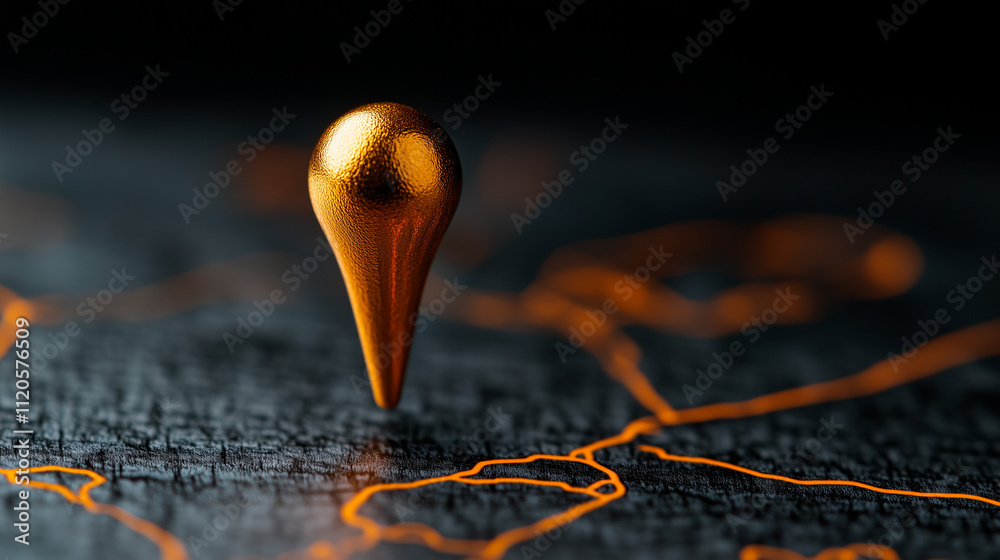 Gold Teardrop Marker on Dark Textured Surface with Orange Lines Stock ...