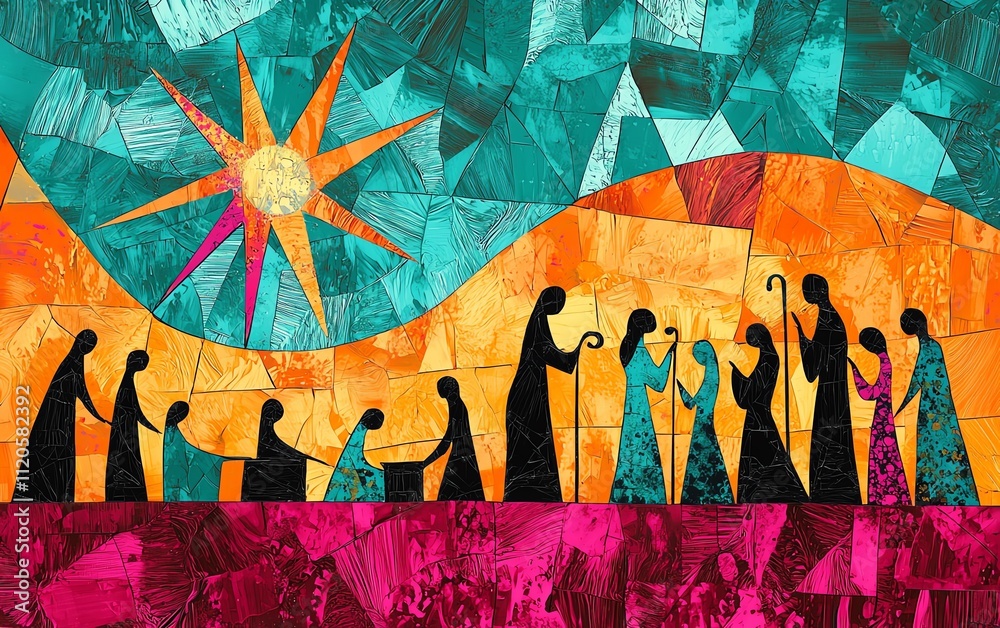 1960s pop art-inspired nativity, simplified shapes with bold outlines ...