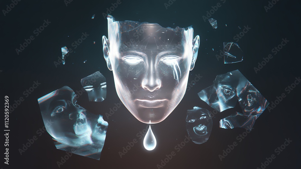 Surreal depiction of a melting face amidst shattered pieces ...