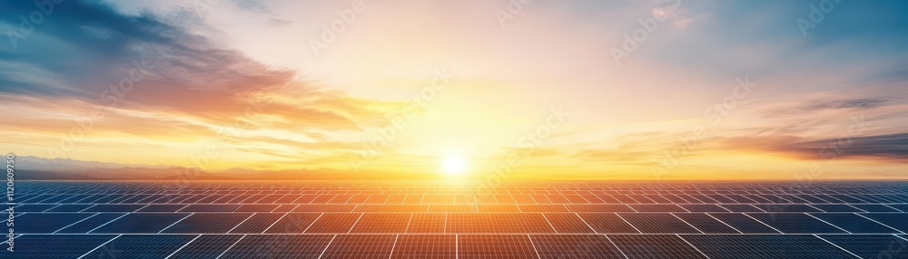 Solar farm with vast rows of panels under a golden sunset, futuristic ...