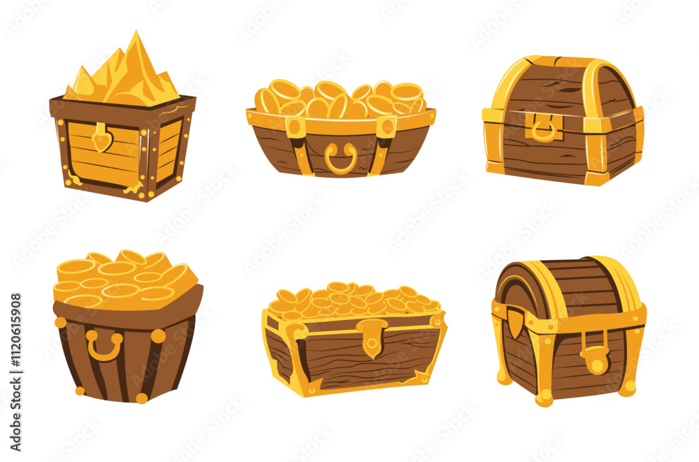 Wooden treasure chests vector set, old reward boxes clip art, wooden ...