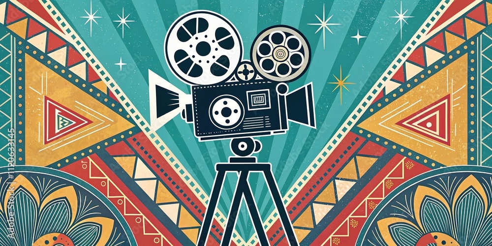 Colorful poster with a stylized illustration of a movie camera and film ...