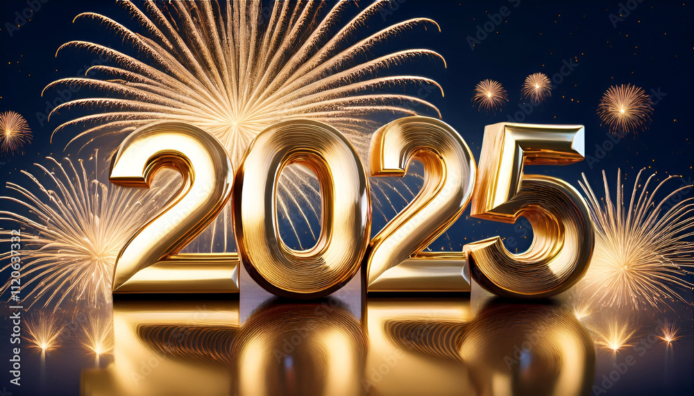 The golden shiny numbers 2025 with a reflective metallic finish, lights ...