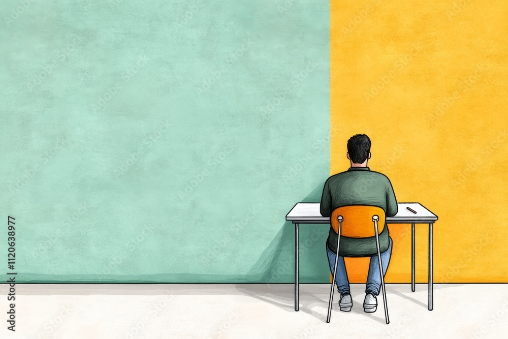 A minimalist composition of a drafting table and chair, drawn with ...