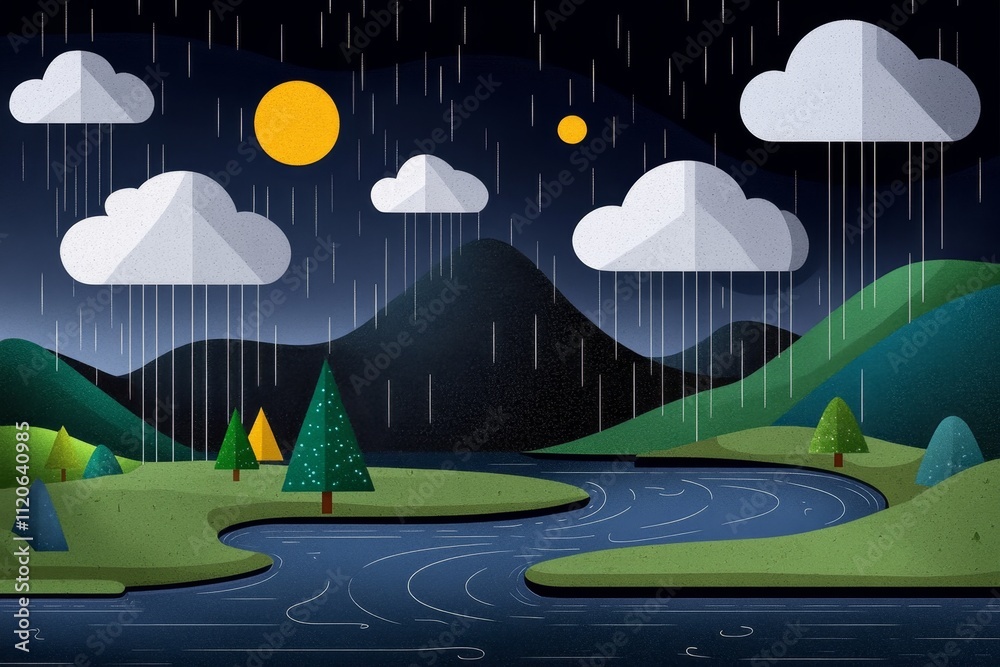 A pixel art depiction of the water cycle, with animated clouds ...