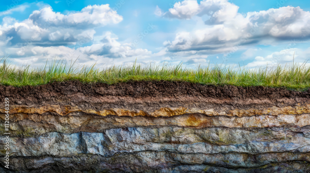 Cross section of soil layers under grass with cloudy sky Stock Photo ...