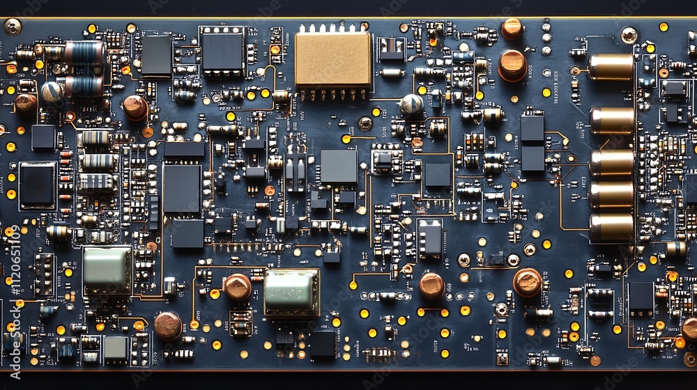 Advanced electronic circuit board with golden and copper components ...
