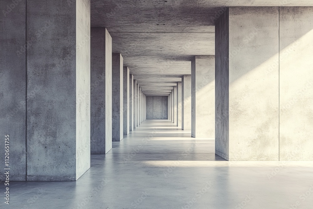 A clean, empty brutalist corridor with raw concrete walls and floors ...