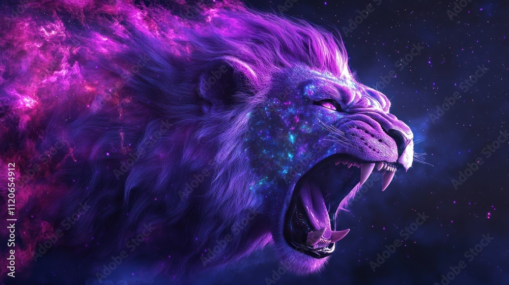 3D ultra realistic epic render of a colorful angry lion head with its ...