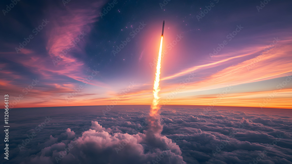 Rocket Soaring Through Vibrant Sunset Skies, Leaving a Fiery Trail Over ...