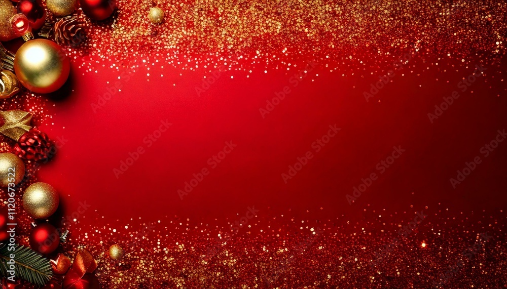red and gold christmas backdrop with baubles and glitter as border ...