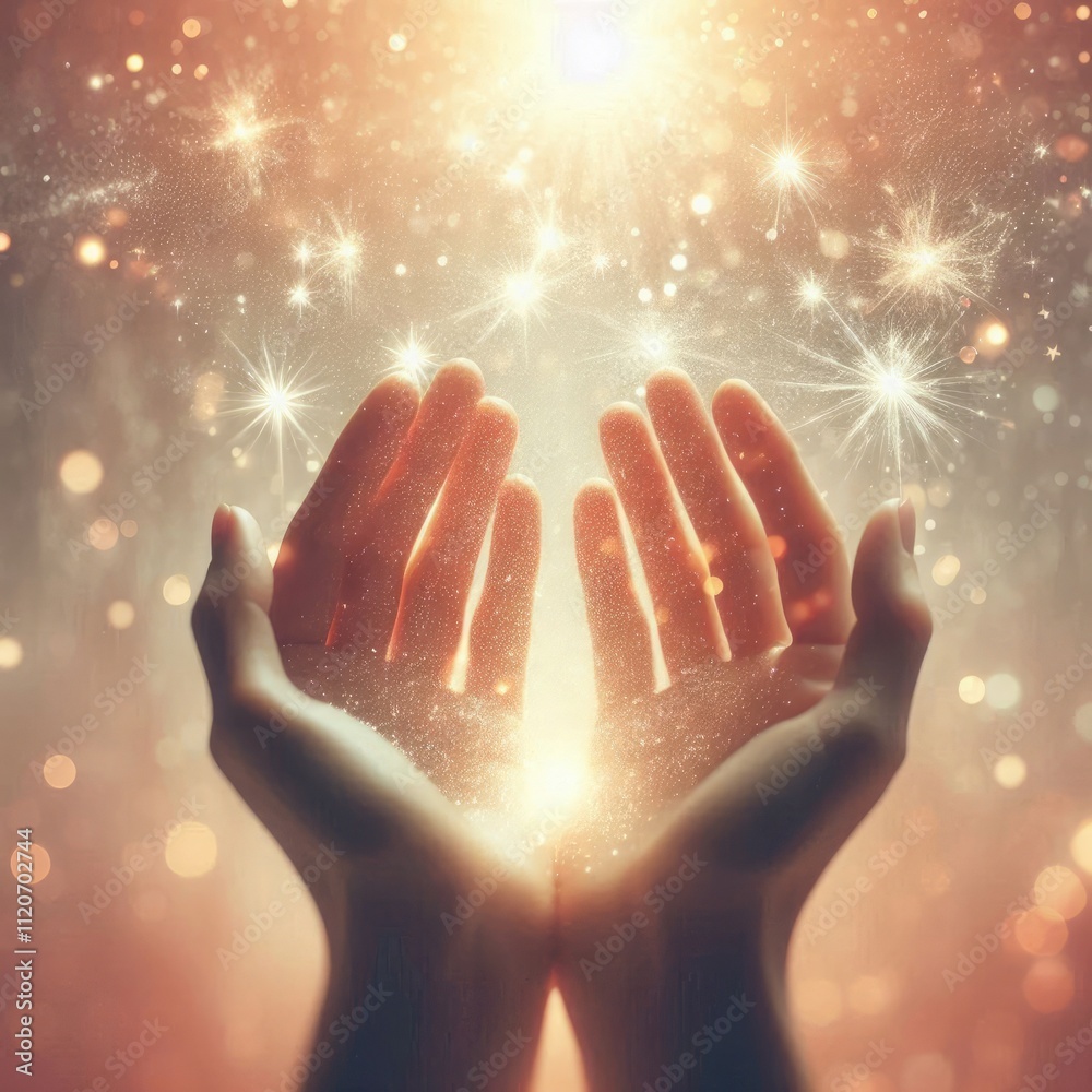 Illustrate a pair of open hands gently cupping shimmering, ethereal ...